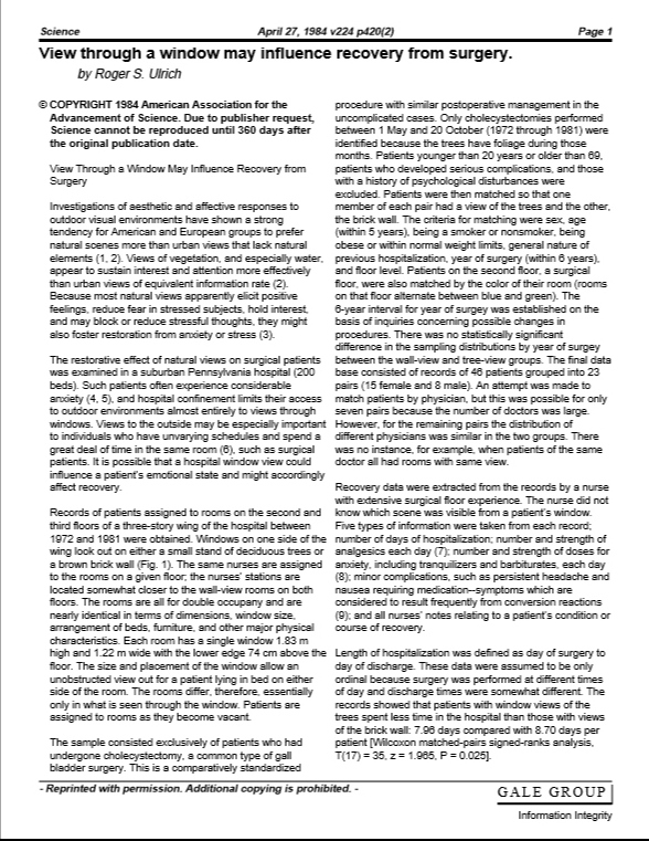 View through a window may influence recovery from surgery | Water ...
